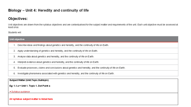 Biology Unit 4: Heredity & Continuity of Life Objectives - Studocu
