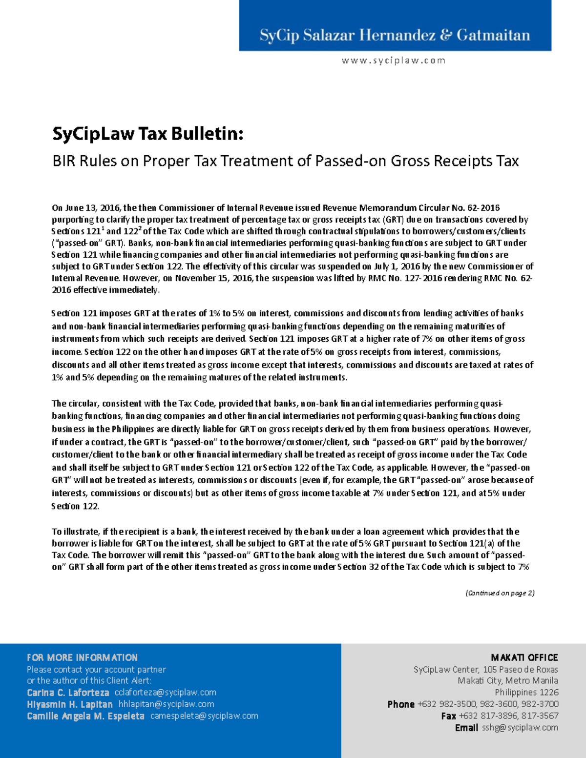 BIR RMC No. 62-2016: Tax Treatment of Passed-on GRT Explained - Studocu