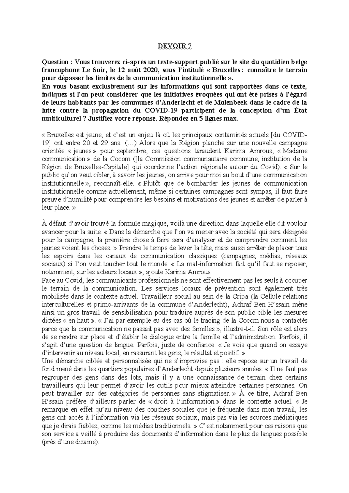 Devoir 7 - Analyse des Initiatives Communales à Bruxelles - Studocu