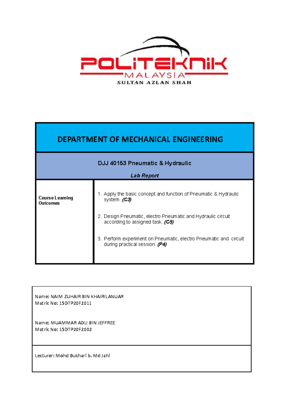 DJJ 40153 Pneumatic & Hydraulic Lab Report 1: Systems Overview and ...