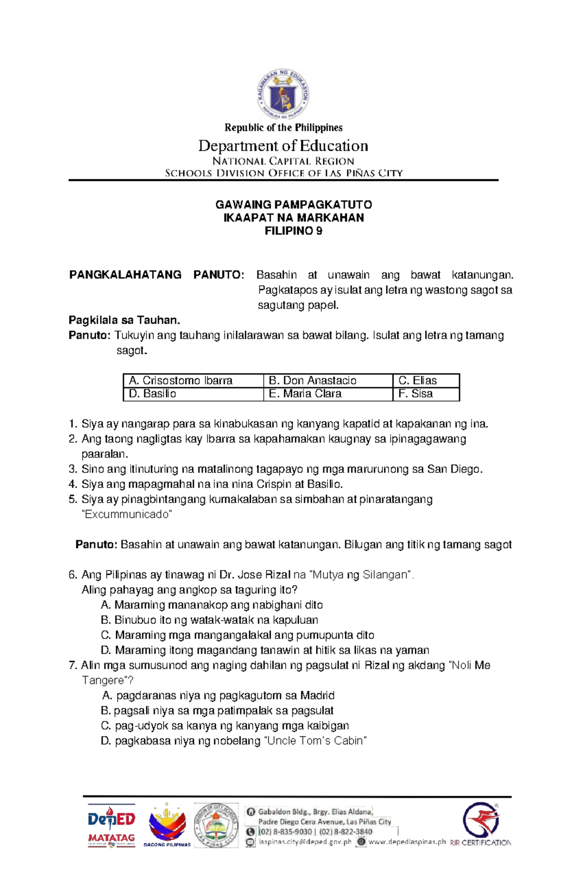 Grade 9 FILIPINO 9 Q4 Final Exam Reviewer Guide - Studocu