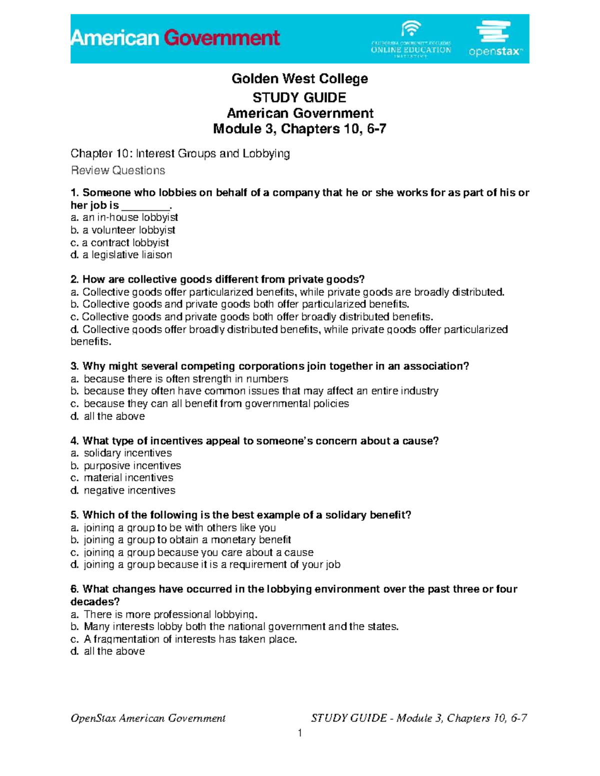 Golden West College STUDY GUIDE American Government Module 3: Chapters ...