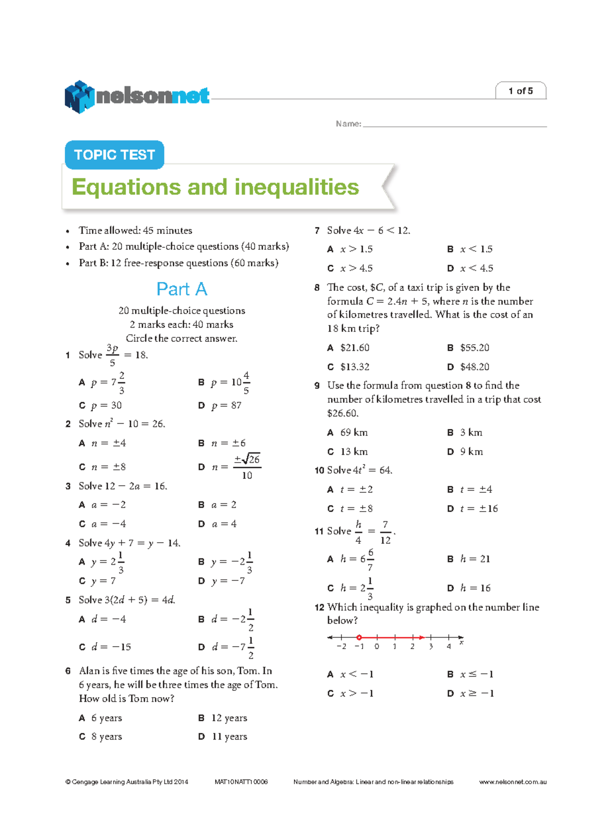 Equations and Inequalities Topic Test (Course Code: 1 of 5) - Studocu