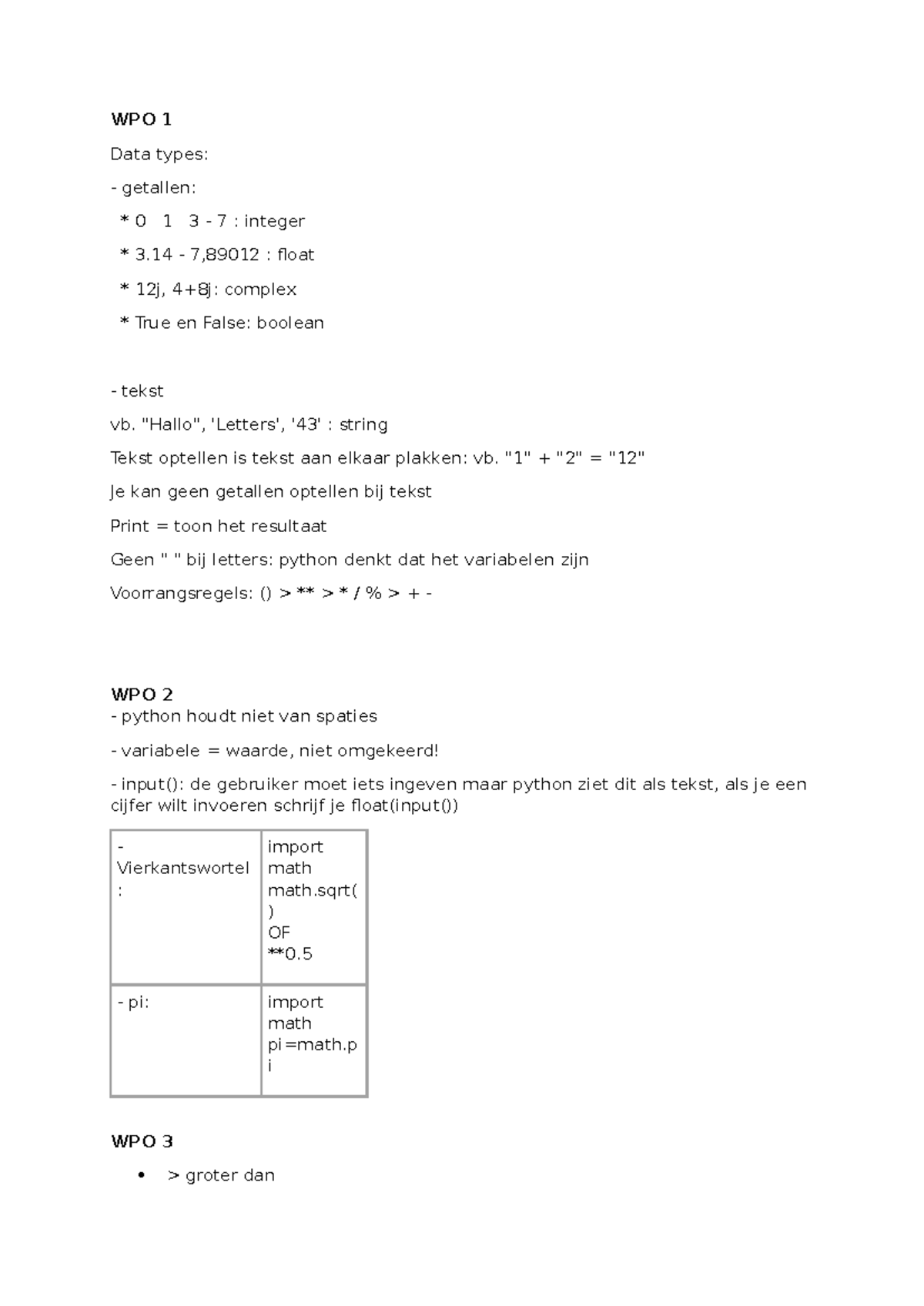 WPO Python Theorie: Data Types, Control Structures & Functions - Studocu