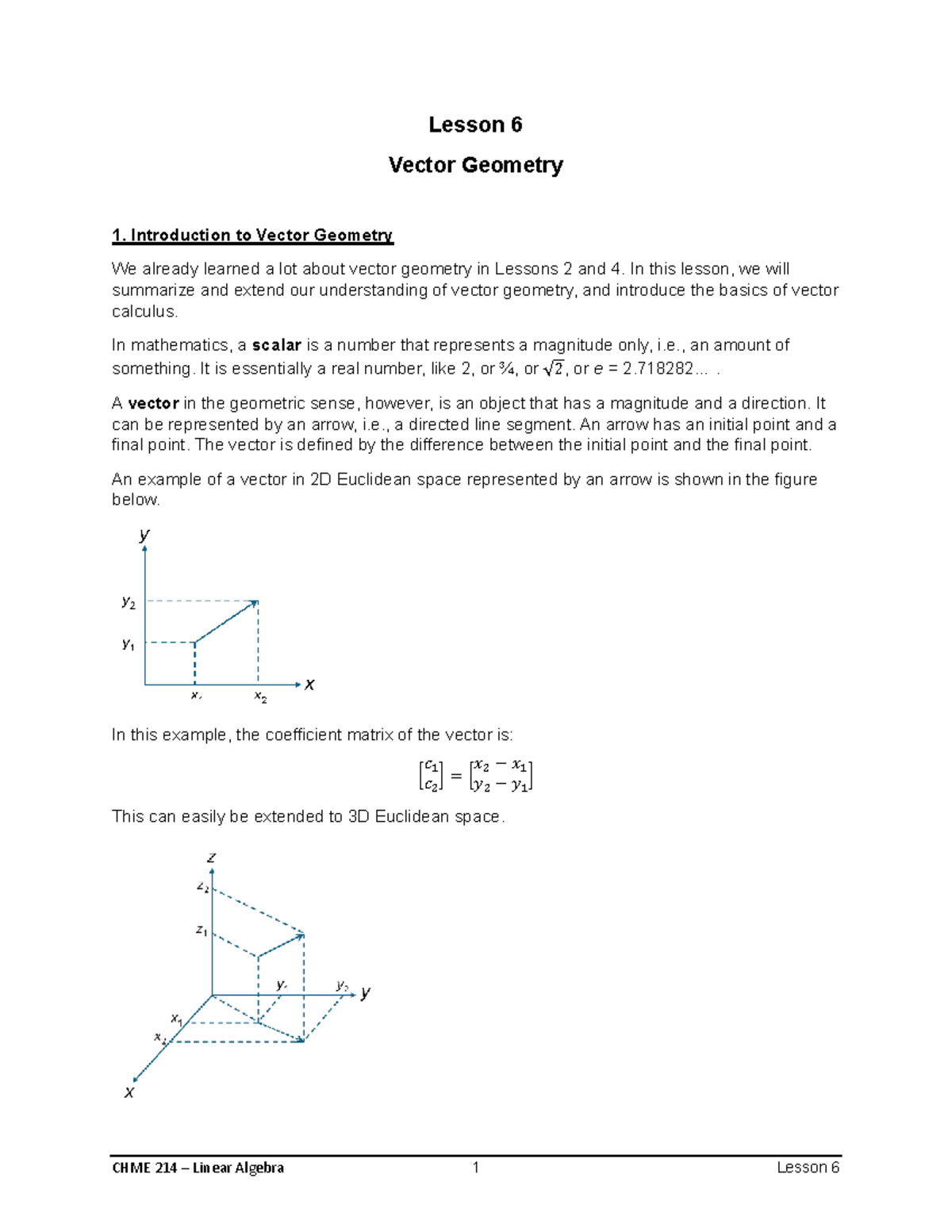CHME 214 Linear Algebra: Lesson 6 - Introduction to Vector Geometry ...