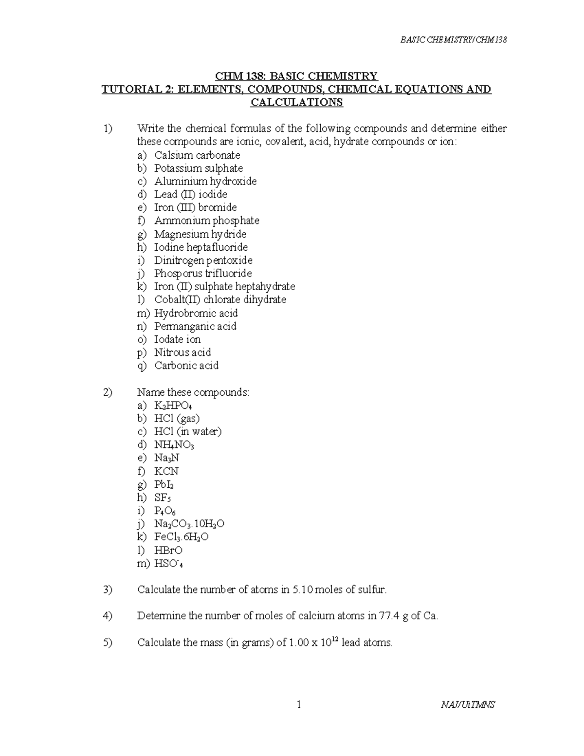 Tutorial Chapter 2 - OKK - CHM 138: BASIC CHEMISTRY TUTORIAL 2 ...