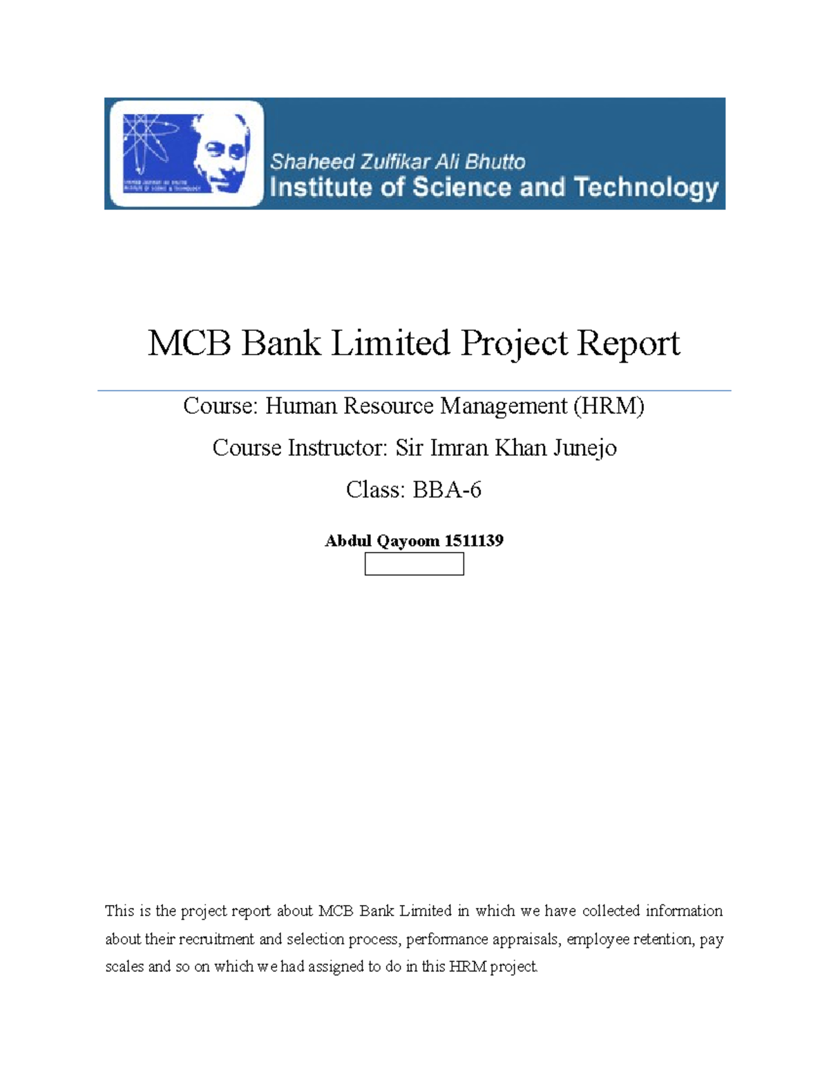 HRM Project Report on MCB Bank Limited (BBA class) - Studocu