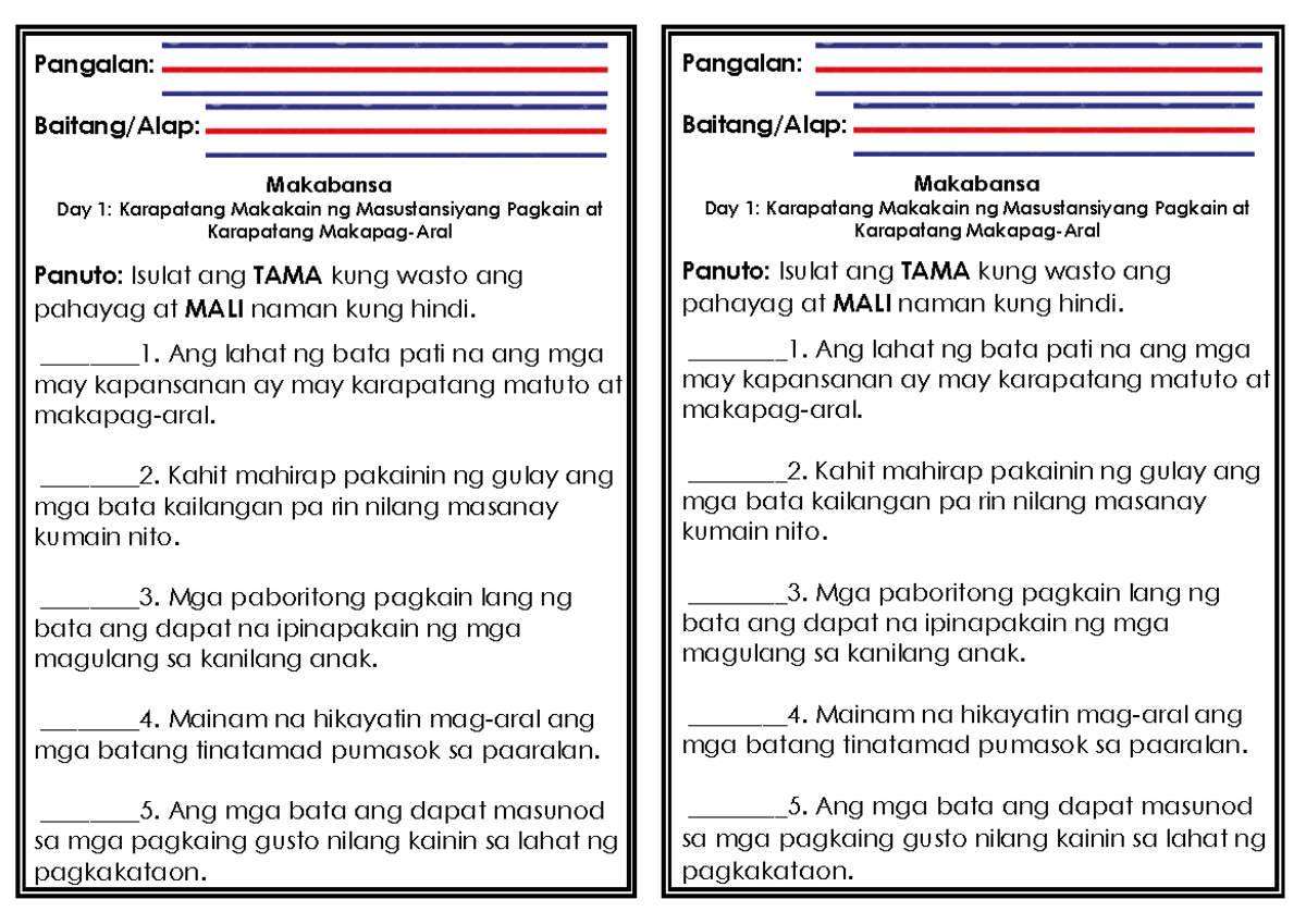 Makabansa G1 Q1 W3 - Karapatang Makakain at Makapag-Aral Worksheets ...