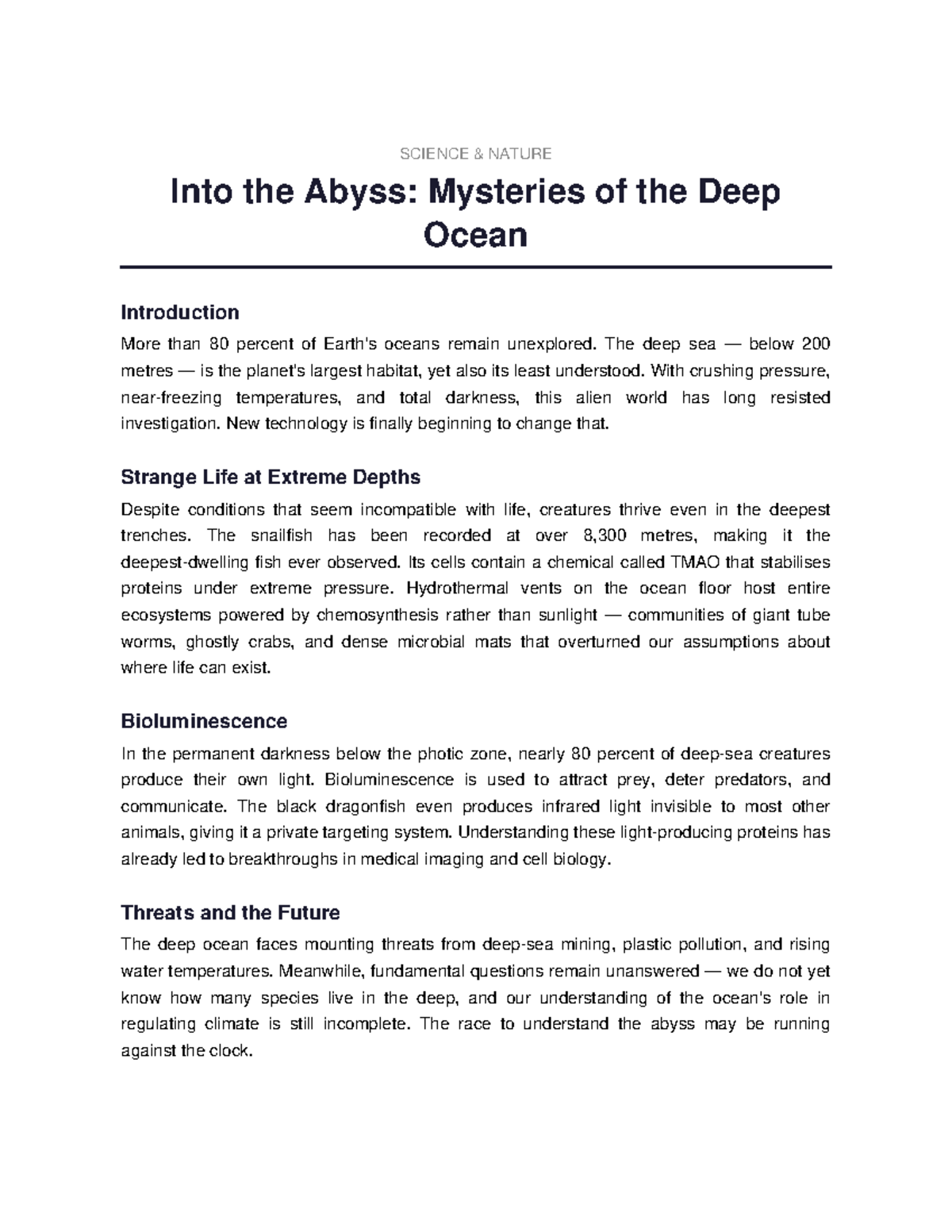 SCIENCE NATURE: Exploring the Mysteries of the Deep Ocean - Studocu