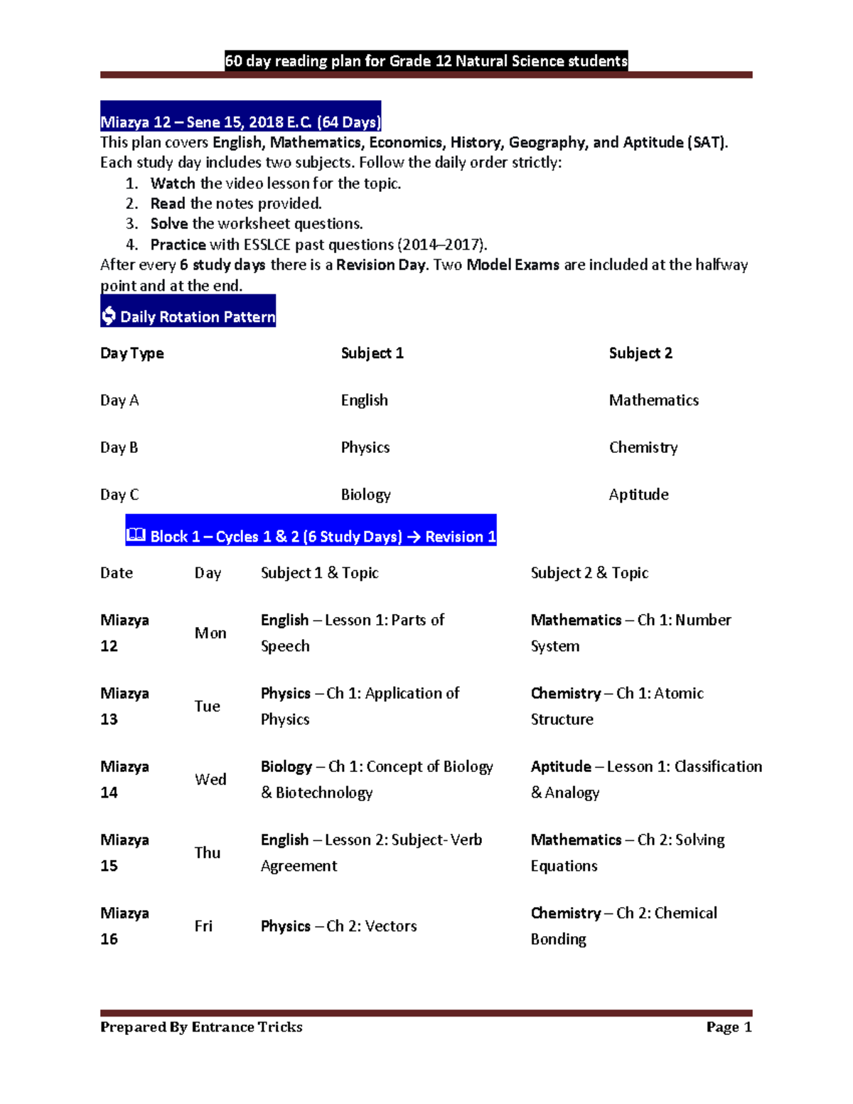 60-Day Study Plan for Grade 12 Natural Science Students - Studocu