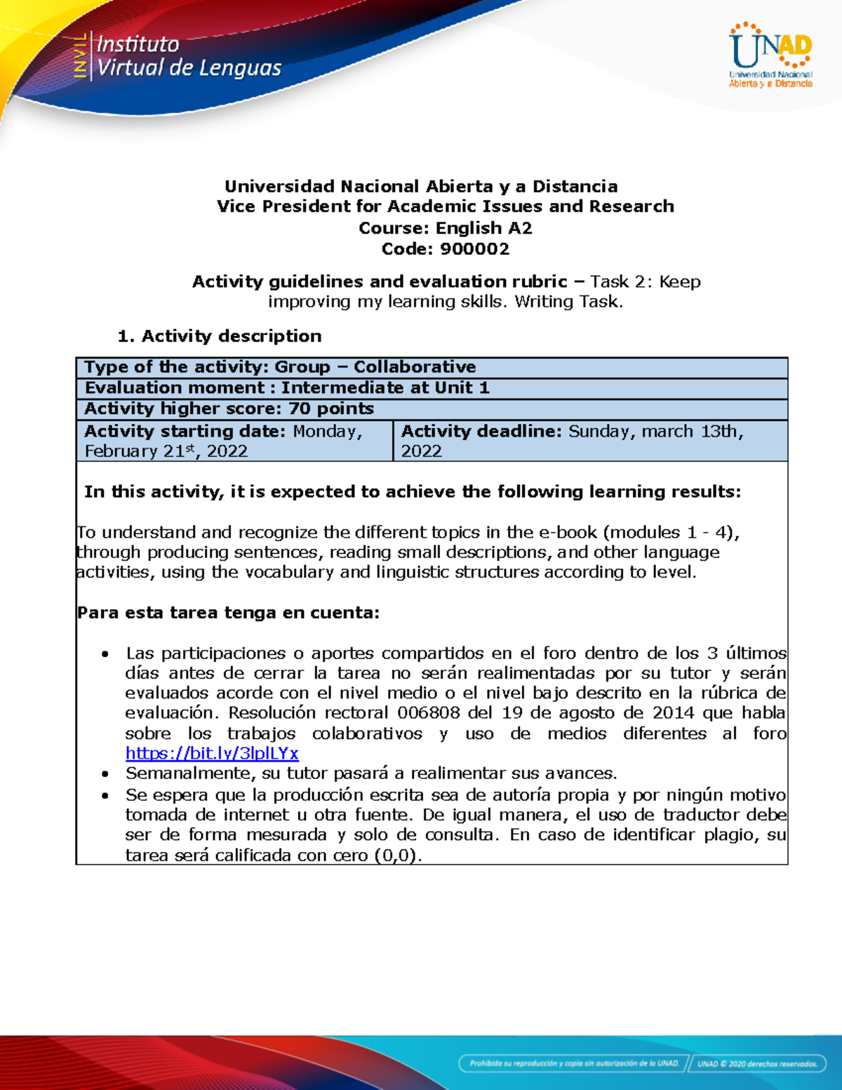 Activity Guide and Evaluation Rubric - English A (900002) - Task 2 ...