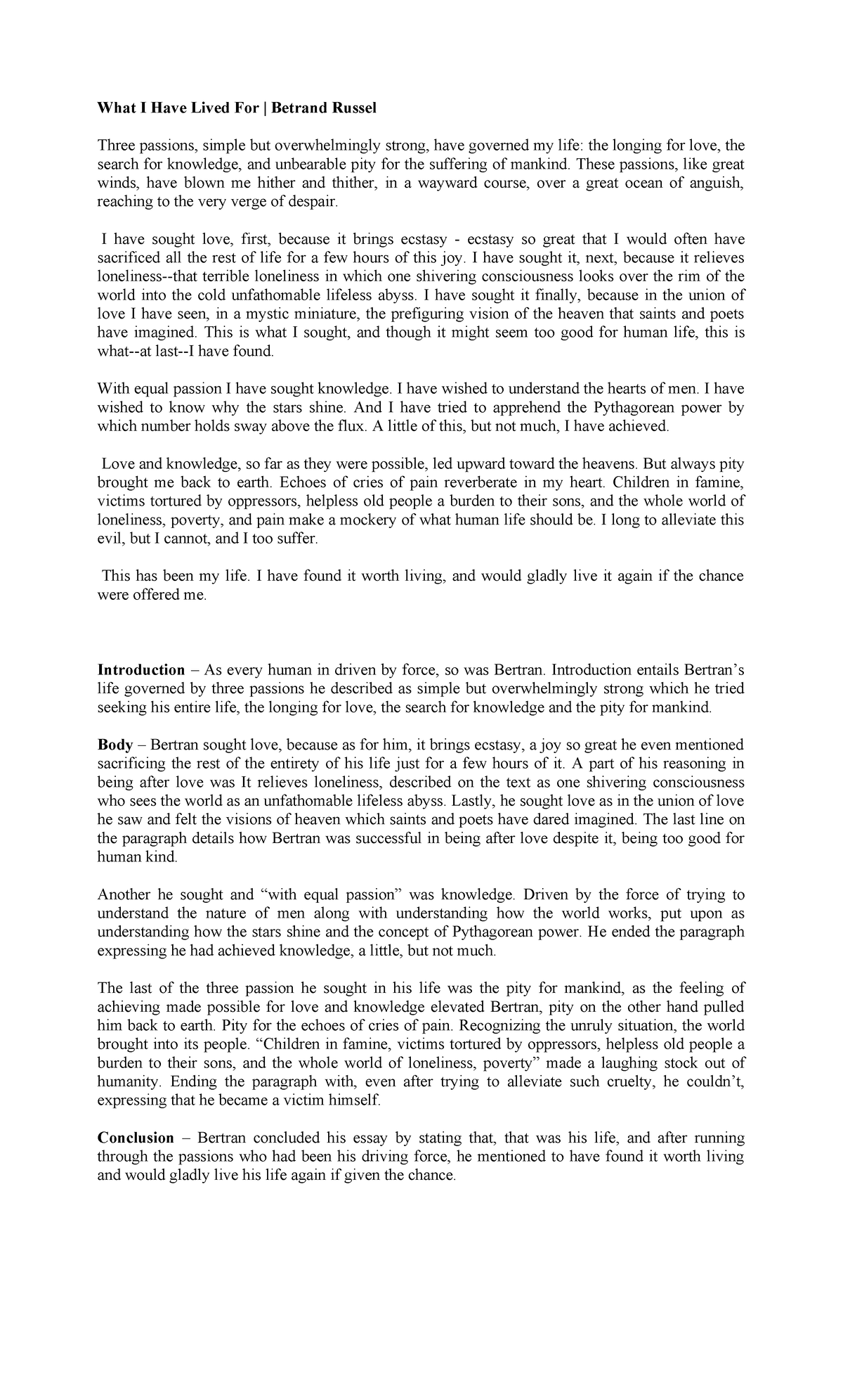 Analysis of Bertrand Russell's "What I Have Lived For" Essay - Studocu