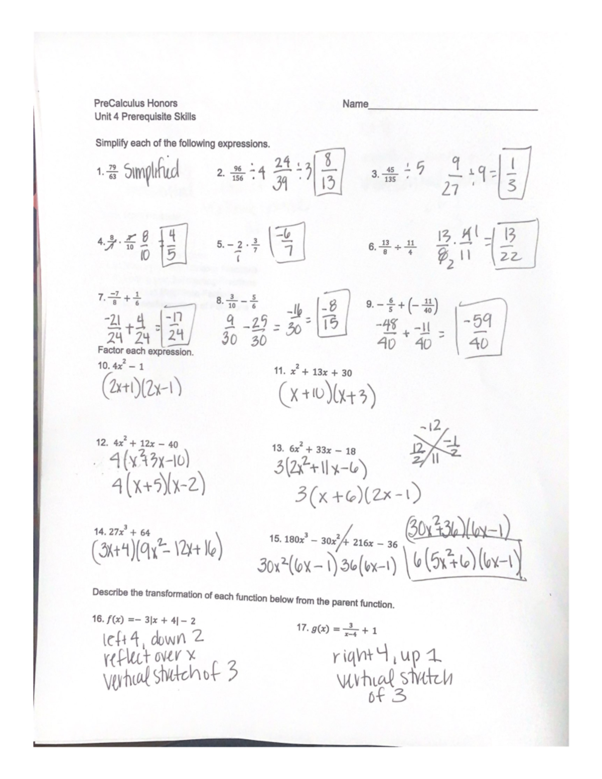 Pre Calculus Honors Prerecs unit 4 KEY - MAT 271 - PreCalculus Honors ...