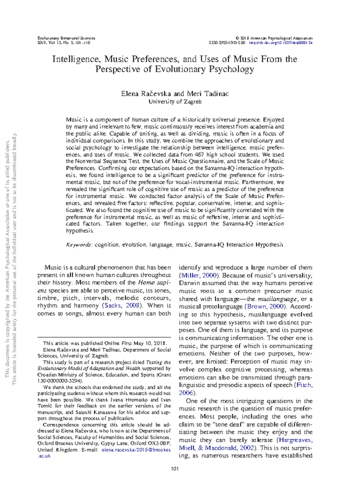 Intelligence and Music Preferences: An Evolutionary Psychology Study ...