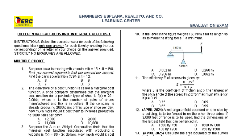 Questionnaire EERC April 2026 Evaluation: Differential & Integral Calculus 1 - Studocu