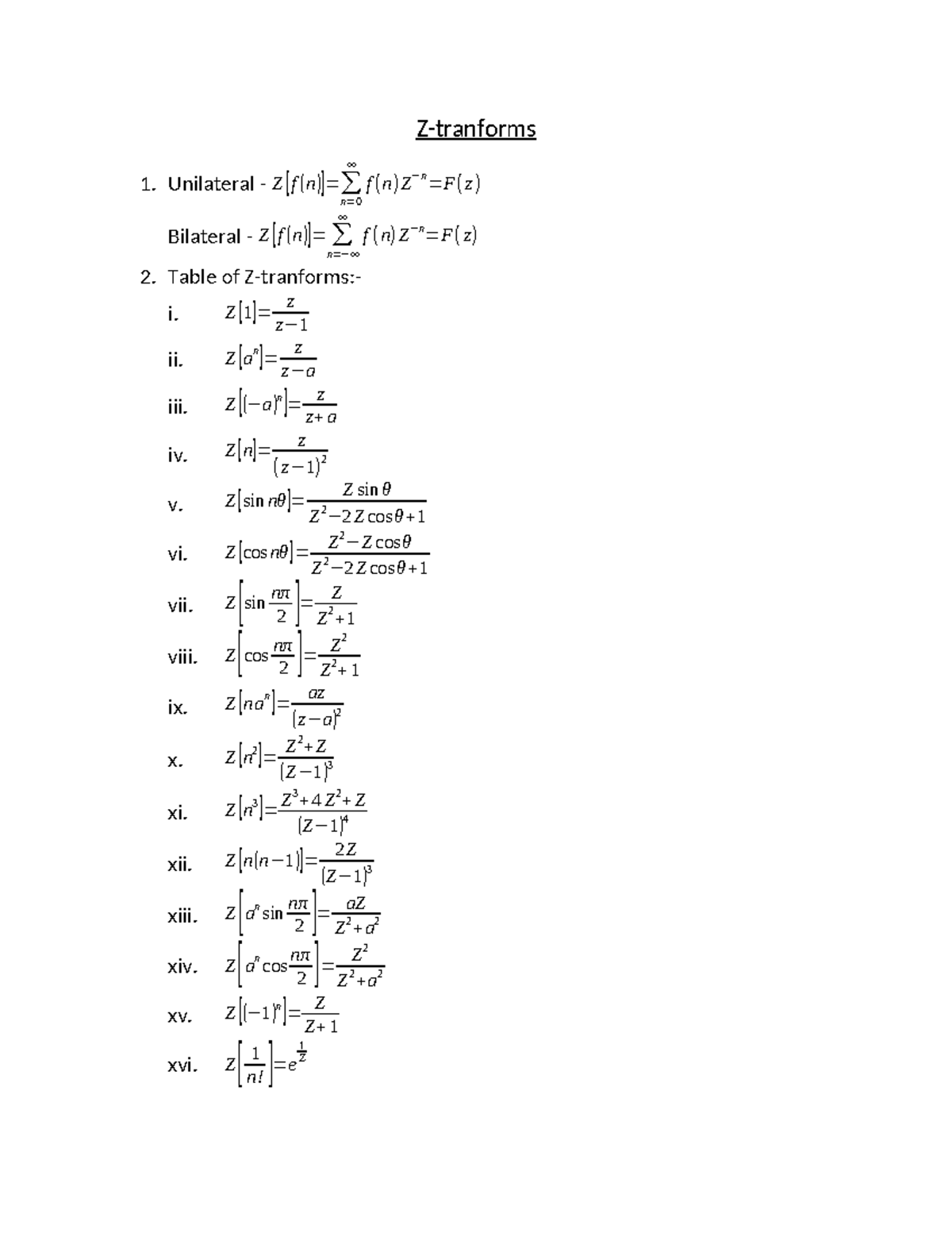 Z-transforms - All formulae of Z-transforms - Z-tranforms ####### 1 ...