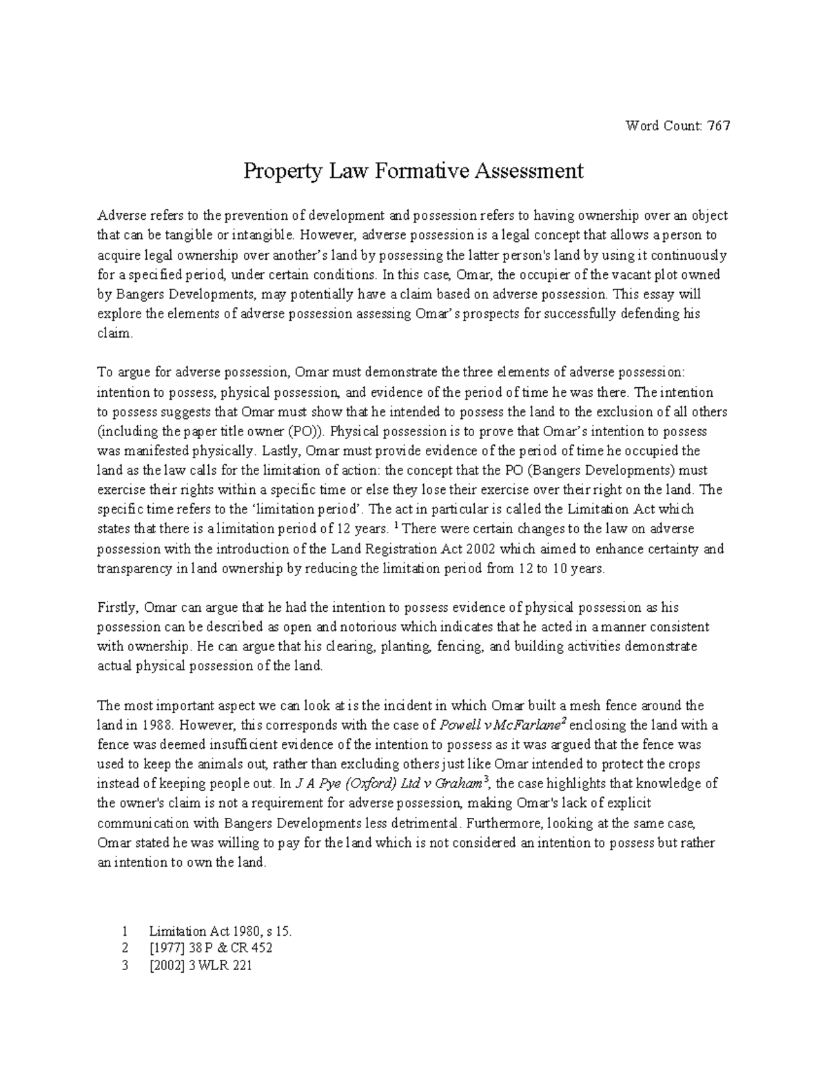 Property Law Formative Assessment: Adverse Possession Analysis - Studocu