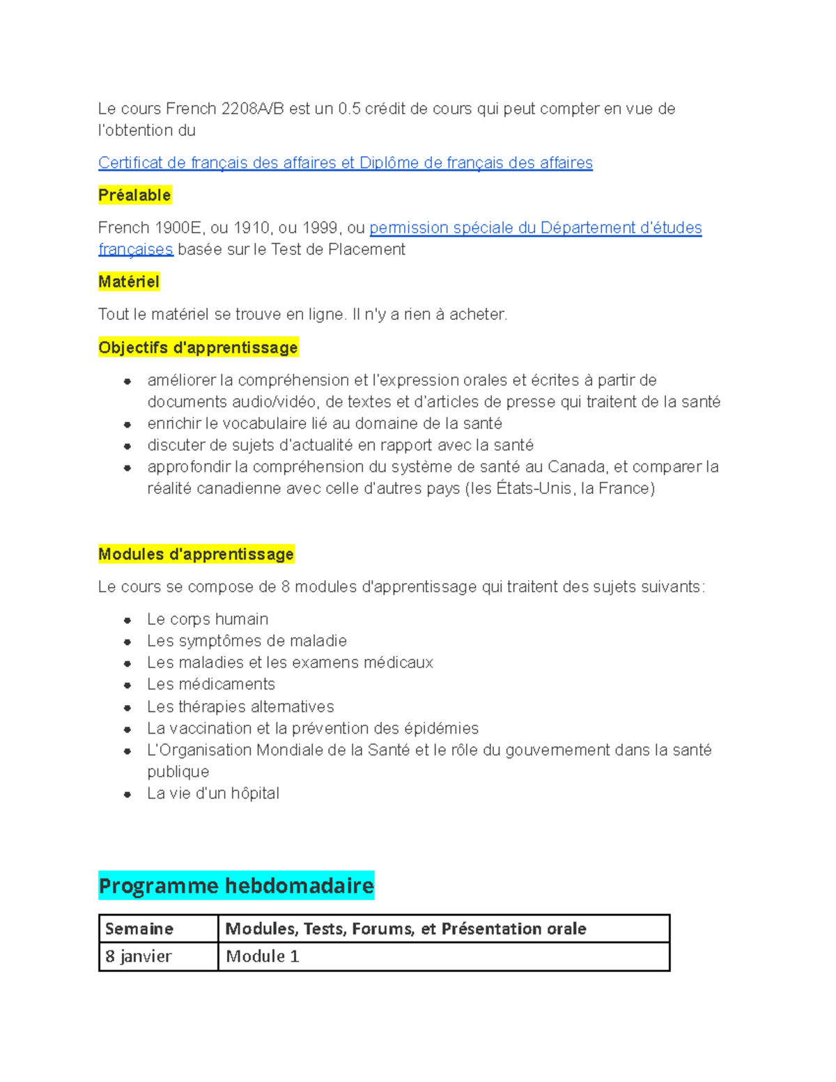 Schéma du cours - Le cours French 2208A/B est un 0 crédit de cours qui ...