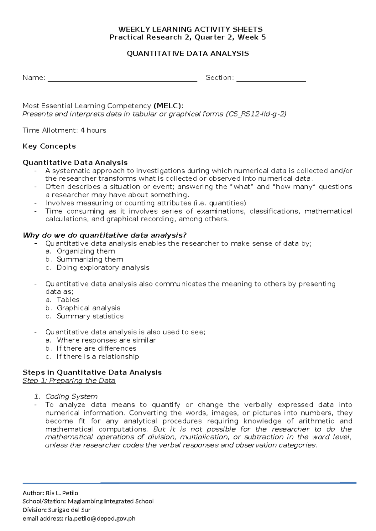LAS-PR2-Week 5: Quantitative Data Analysis Activity and Guide - Studocu