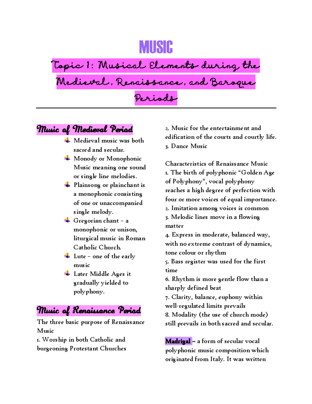 Music 9: Notes on Medieval, Renaissance, & Baroque Periods - Studocu