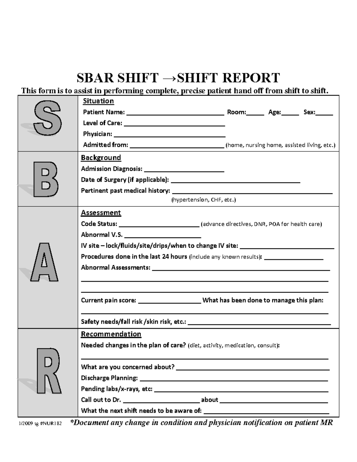 SBAR Shift Report Template for NUR182 - Patient Handoff Guide - Studocu