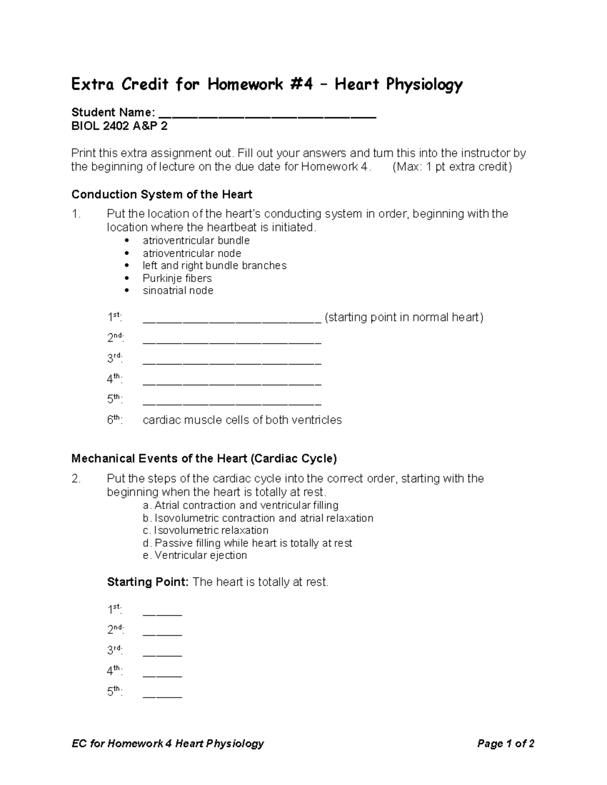Extra Credit Assignment for BIOL 2402 - Heart Physiology - Studocu