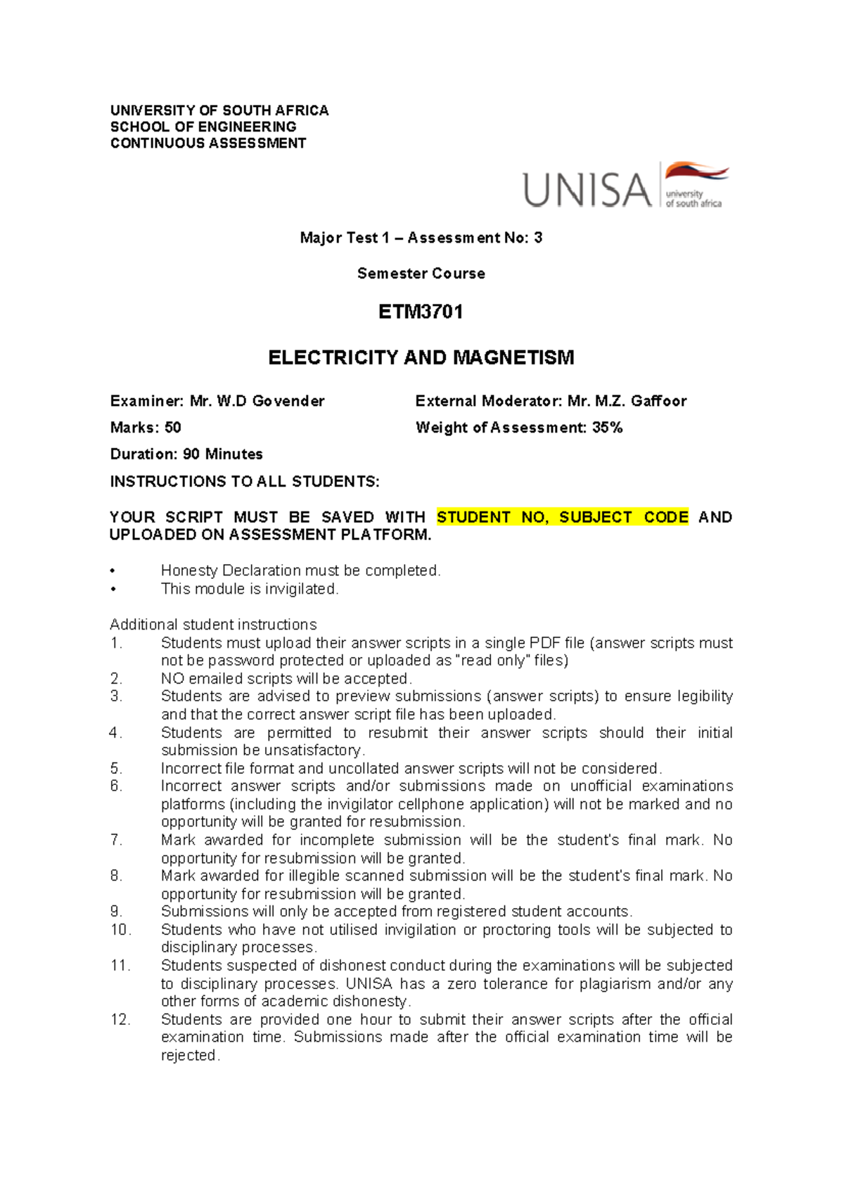 ETM3701 2022 Major Test 1: Electricity and Magnetism Assessment - Studocu