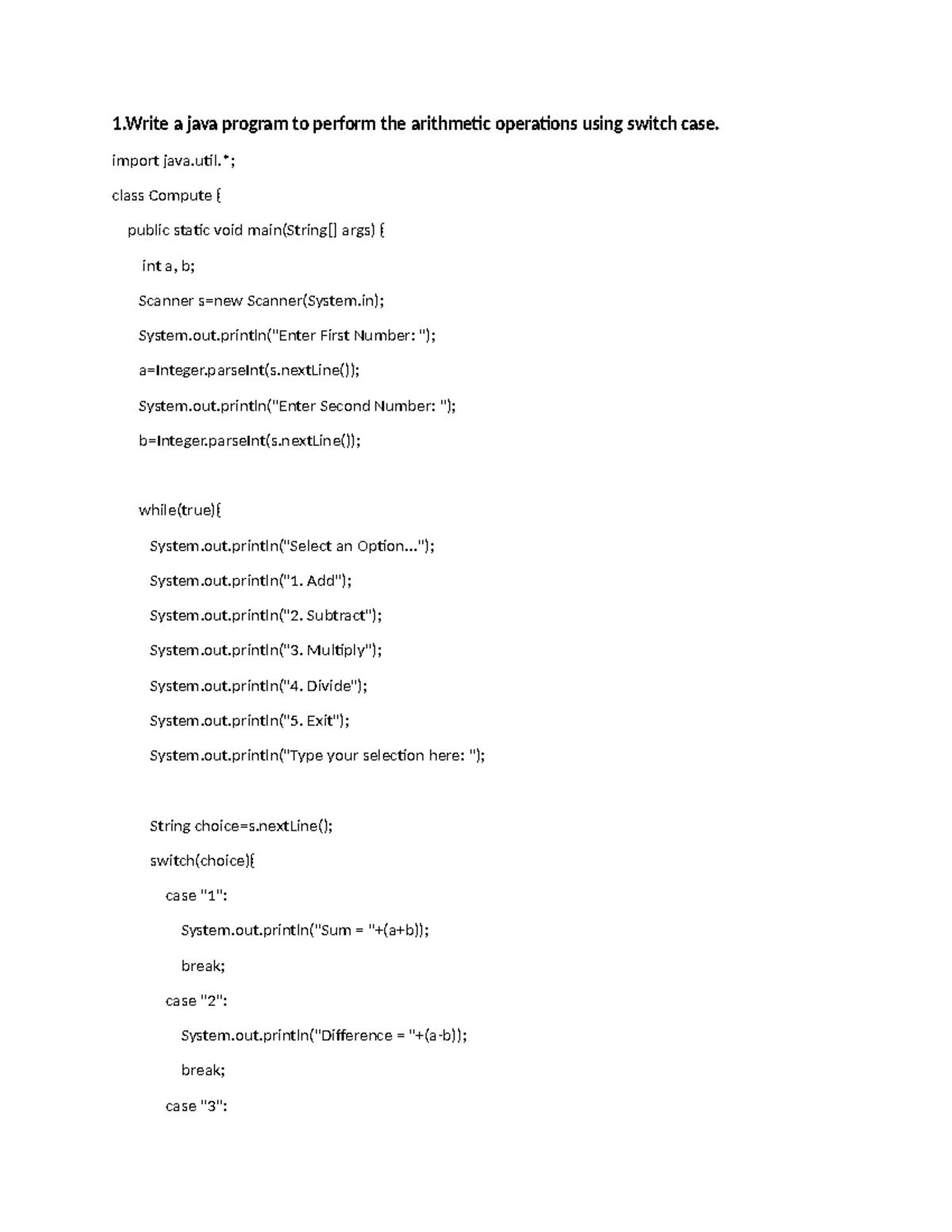 Java Lab - Java lab programs - 1 a java program to perform the ...