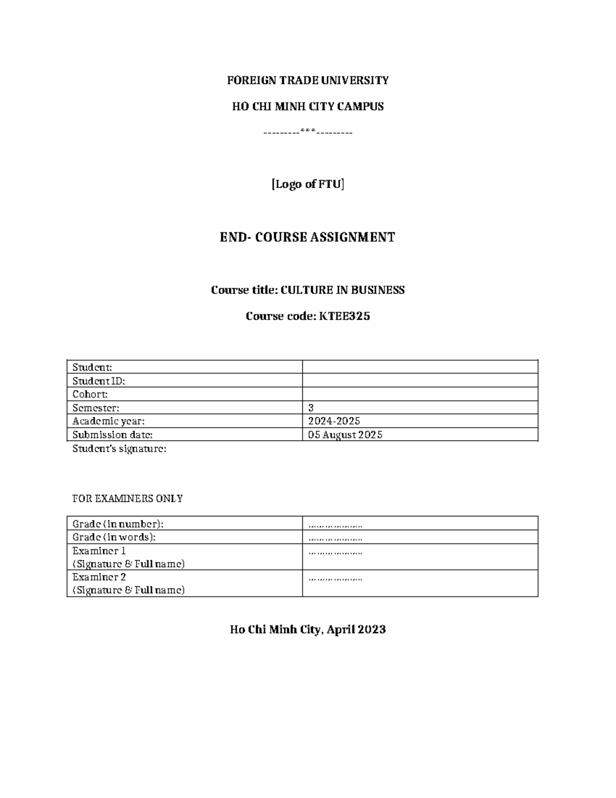 FTU Cover Assignment - hope this helps - FOREIGN TRADE UNIVERSITY HO ...