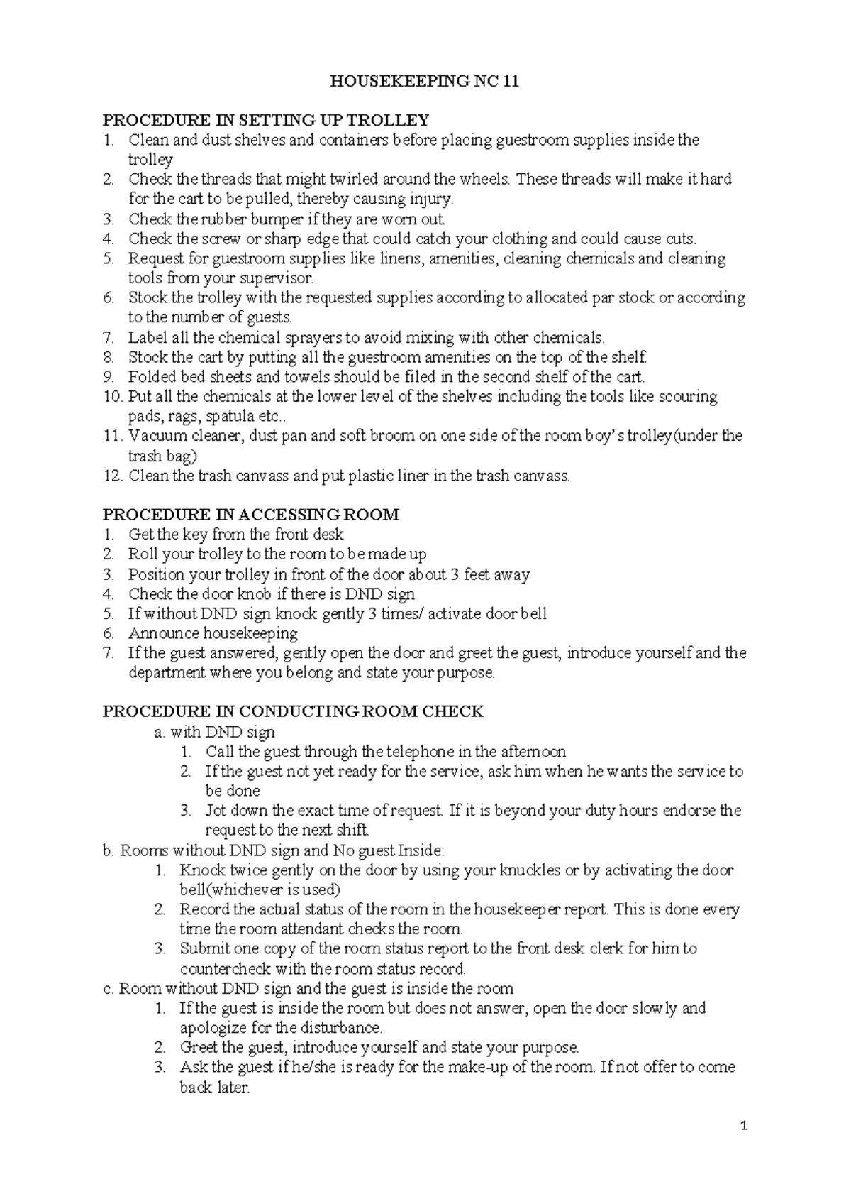 Housekeeping Procedures NC 11: Essential Trolley Setup and Room Care ...