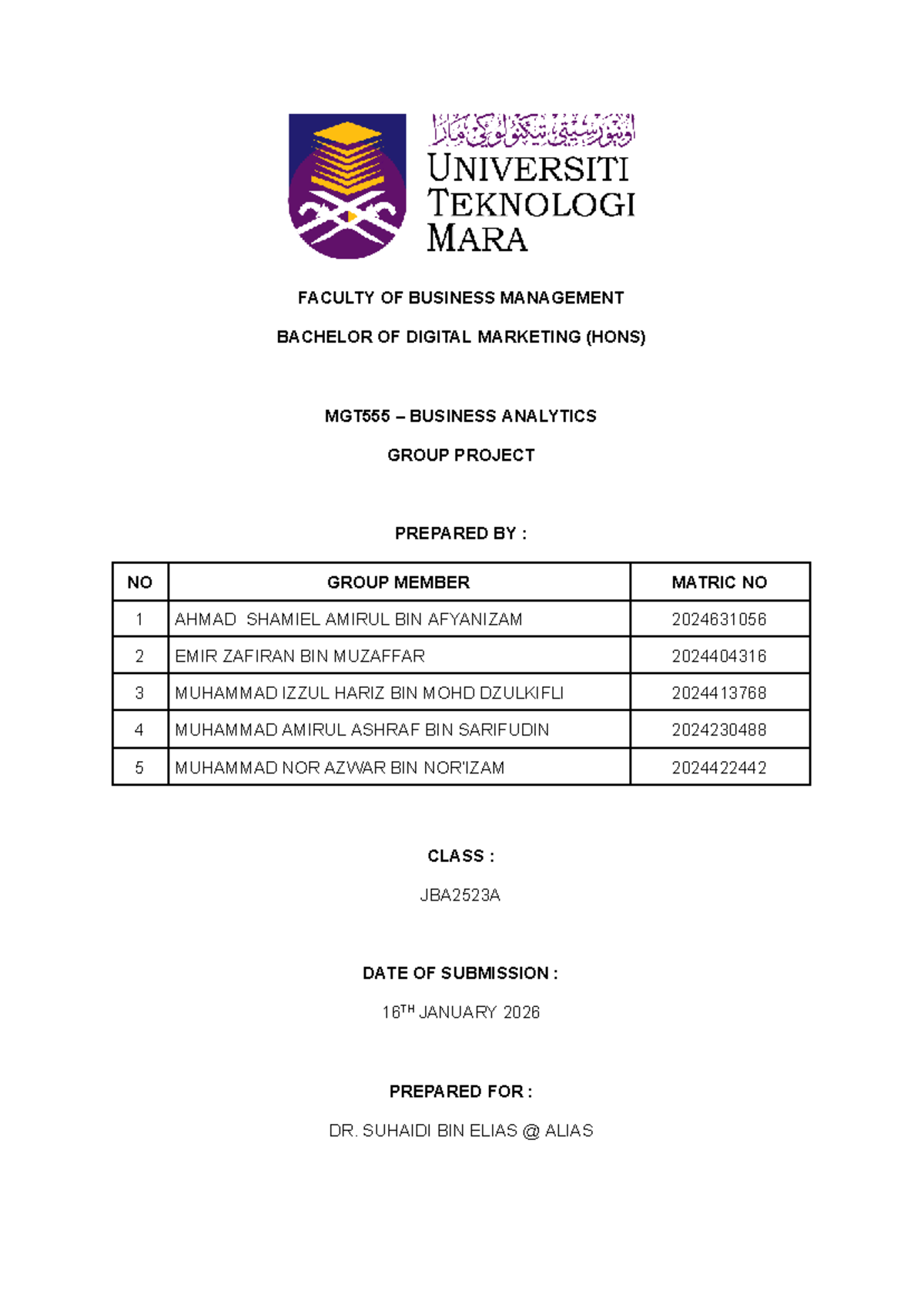 Group Project Report: Business Analytics Insights (MGT555) - Studocu