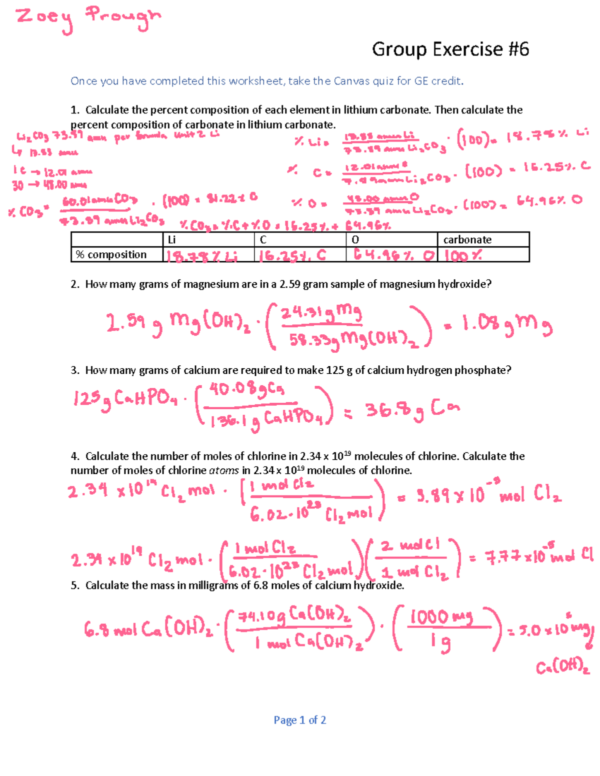 GE06 fa22 - GE 06 Chemistry work - Group Exercise # 6 Page 1 of 2 Once ...