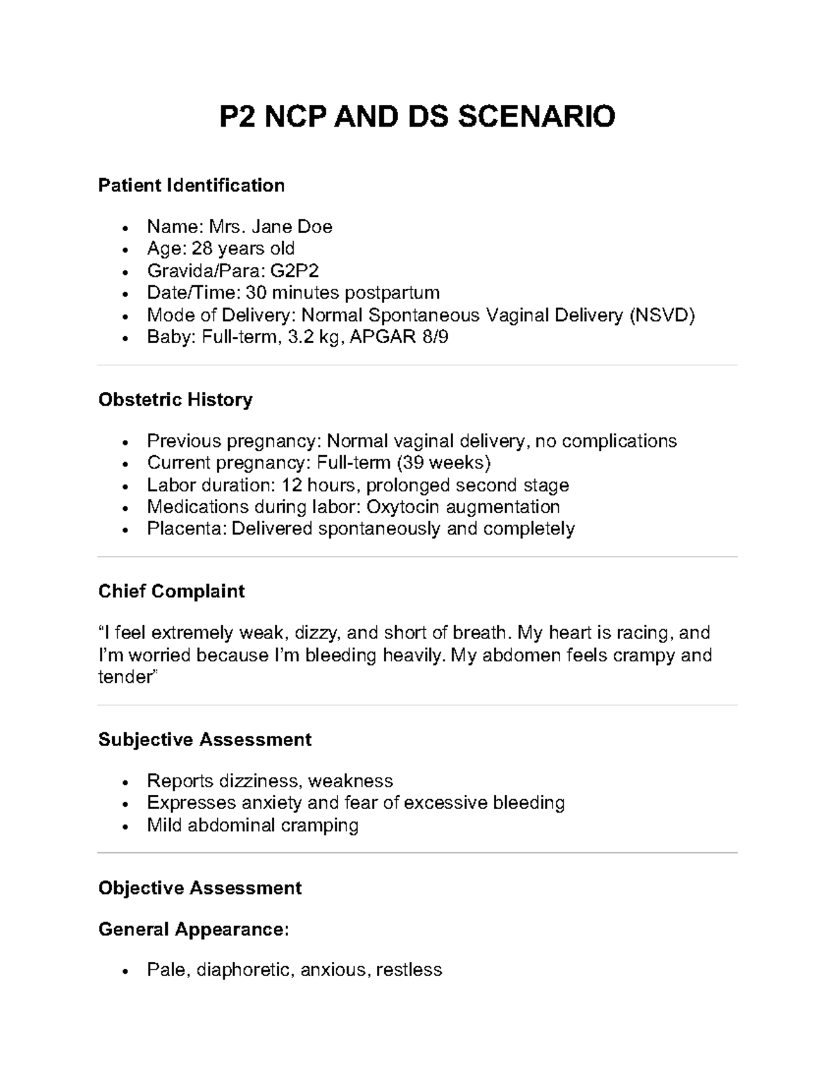 P2 NCP & DS Scenario - Case Study on Postpartum Complications - Studocu