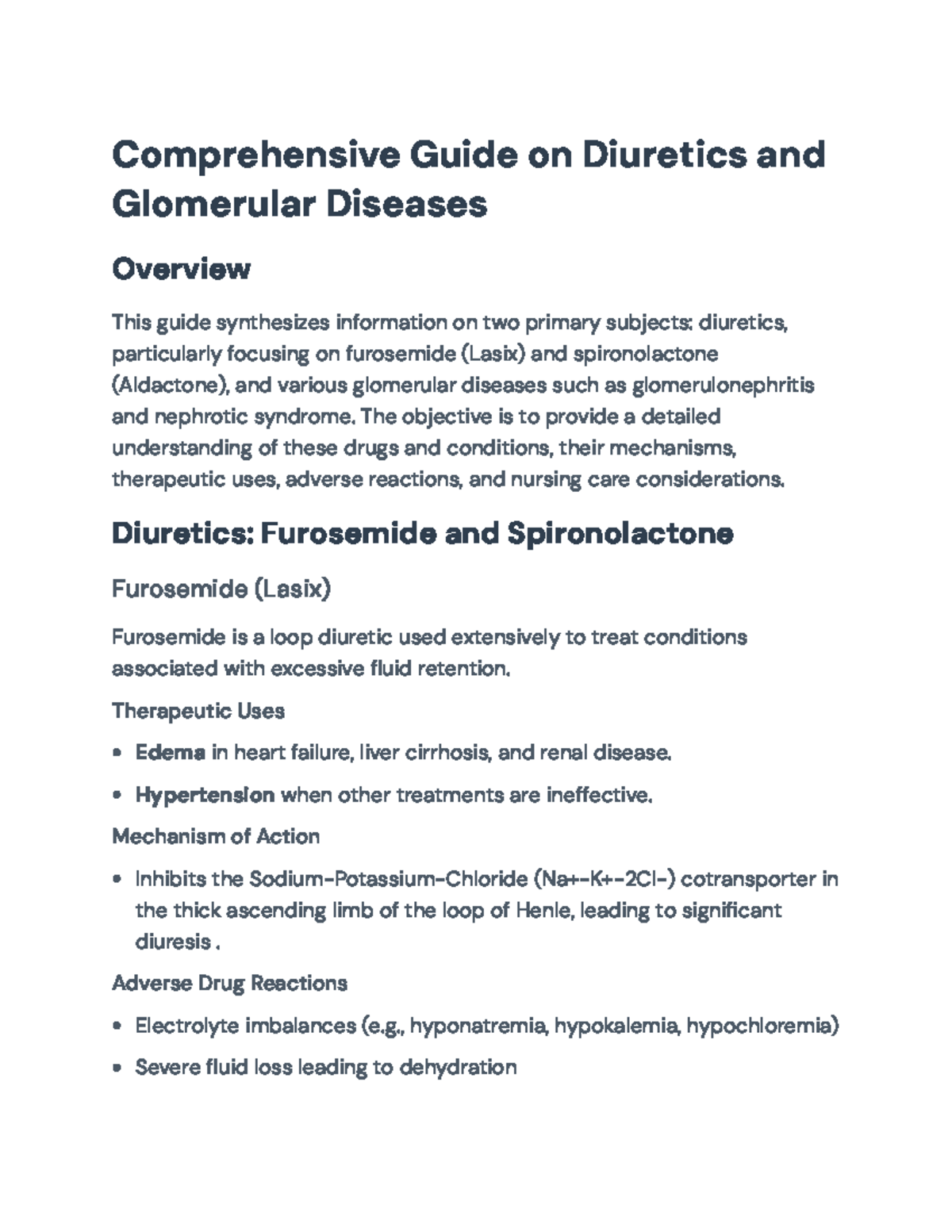 Comprehensive Guide on Diuretics & Glomerular Diseases (NUR 301 ...