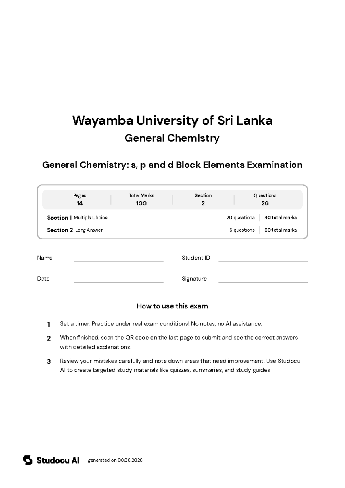 General Chemistry: s, p and d Block Elements Exam - Studocu