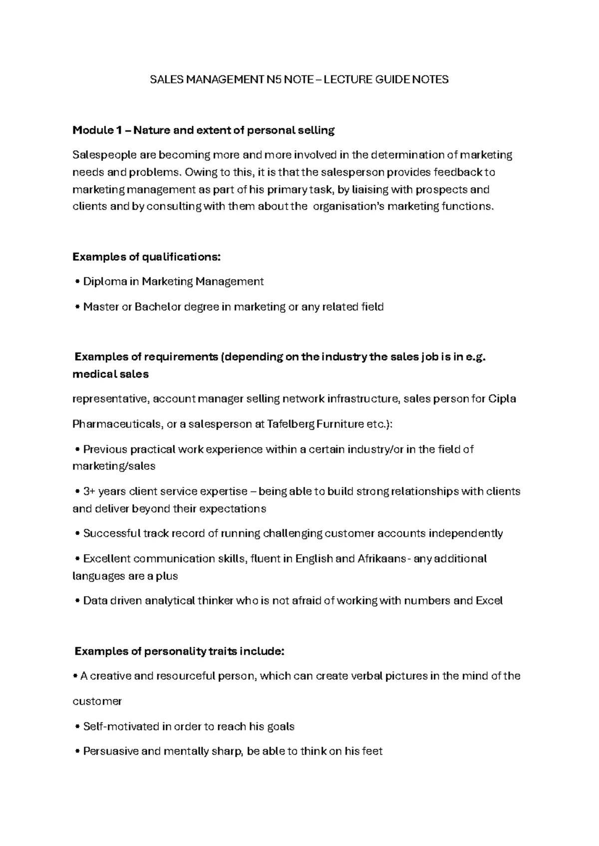 Sales Management N5: Module 2 & 3 Lecture Notes Overview - Studocu