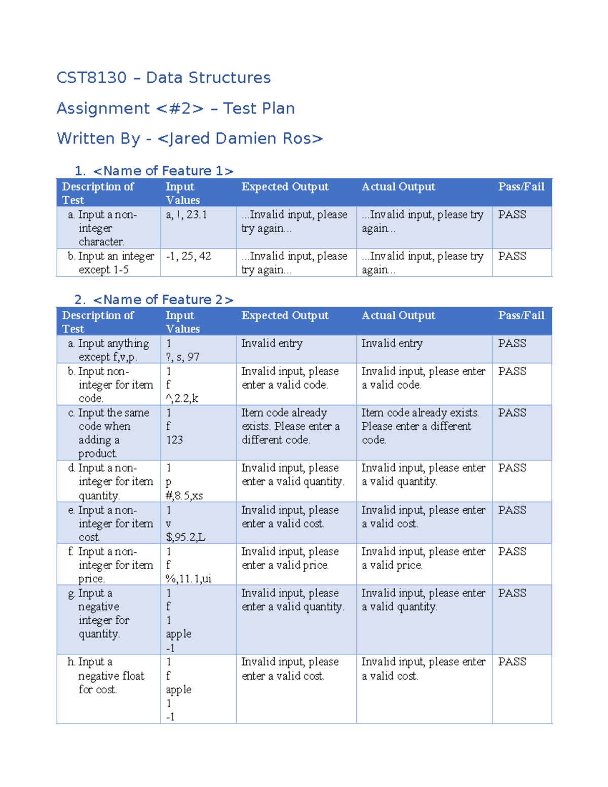 CST8130 - Data Structures Assignment 2: Test Plan Template - Studocu
