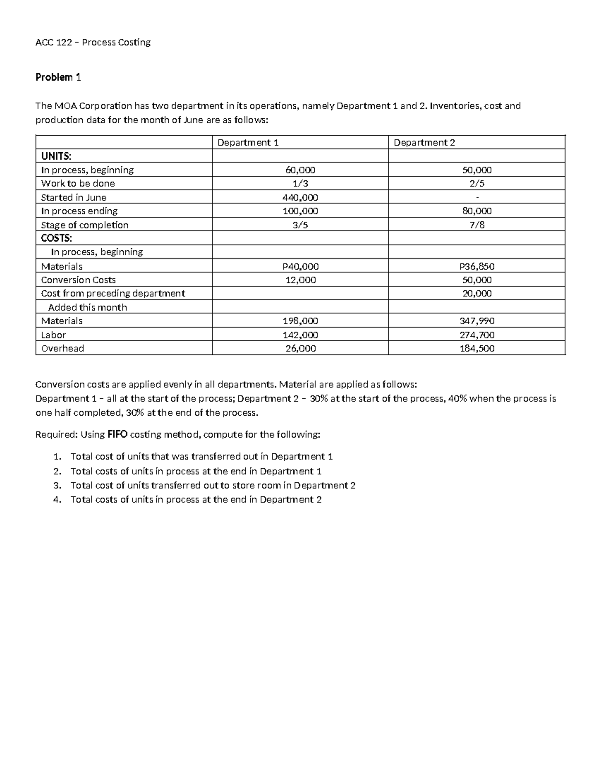 ACC 122 Process Costing Sample Problem 1: MOA Corp Analysis - Studocu