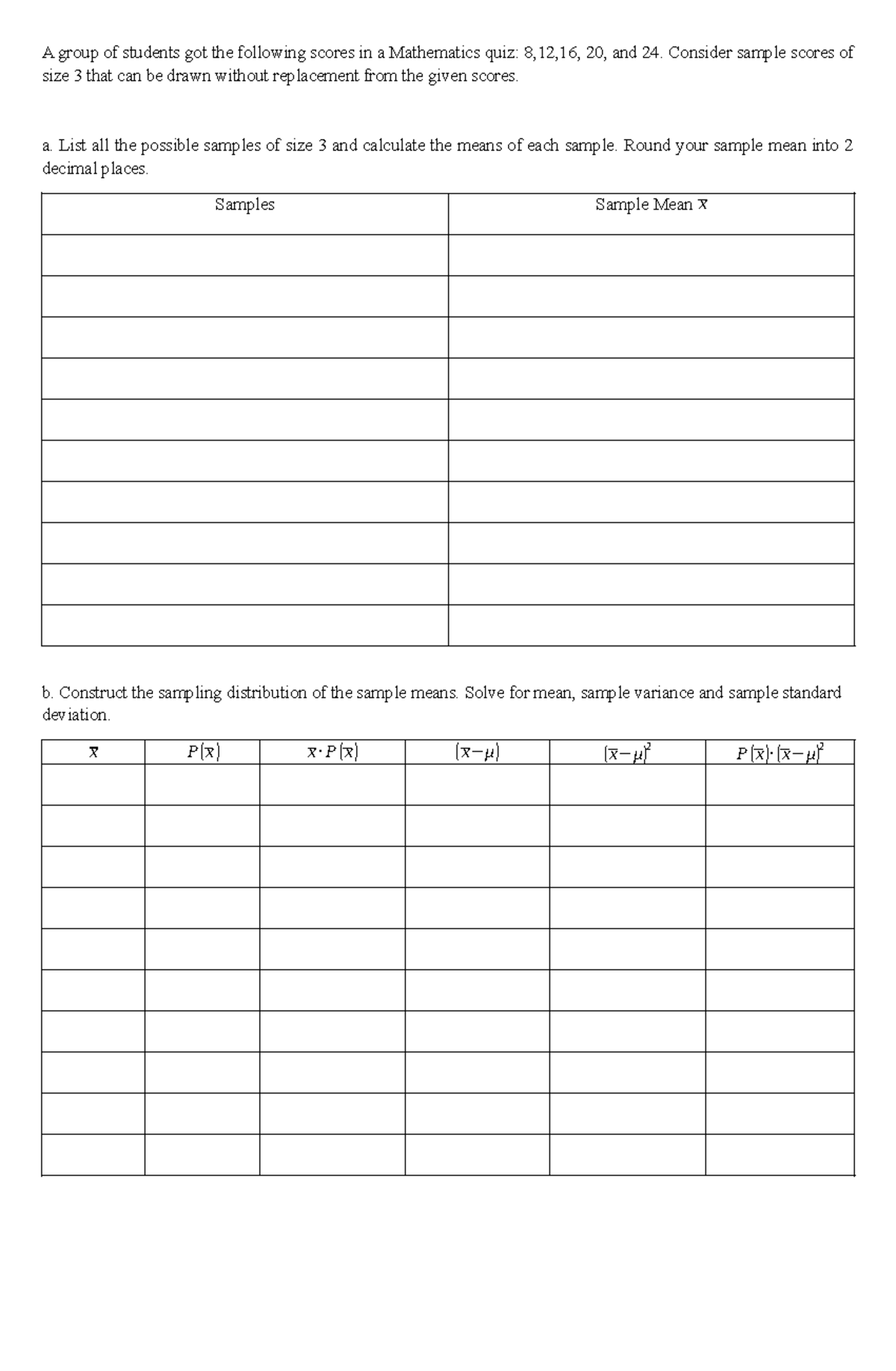 Mathematics Quiz Scores Analysis: Sample Means & Distribution (Remedial ...