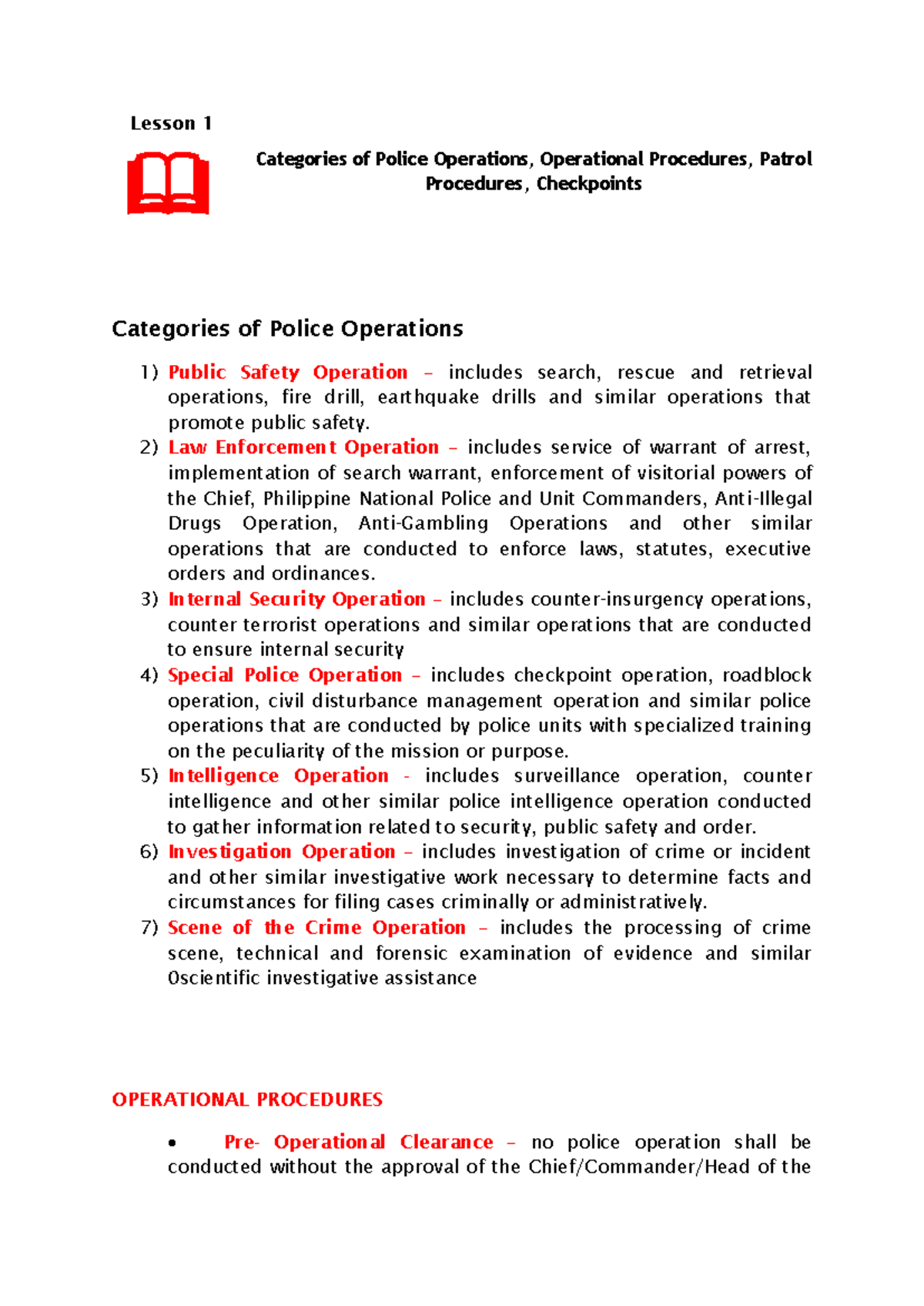 POL 101: Categories and Procedures in Police Operations Lesson - Studocu