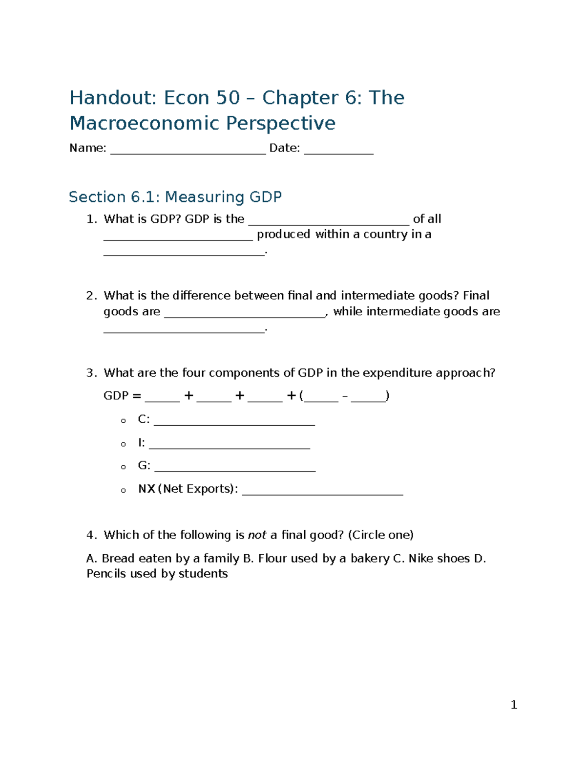 Econ 50 Handout: Chapter 6 - The Macroeconomic Perspective on GDP - Studocu