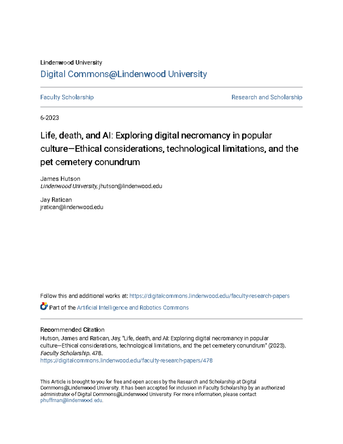 Lindenwood University Final Exam: Life, Death, and AI in Digital ...