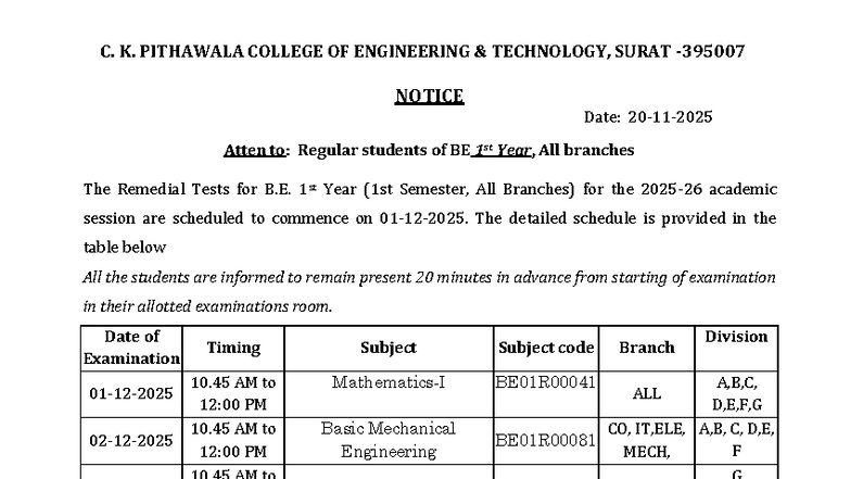 Remedial Test Schedule for BE 1st Year - CKPCET - Studocu