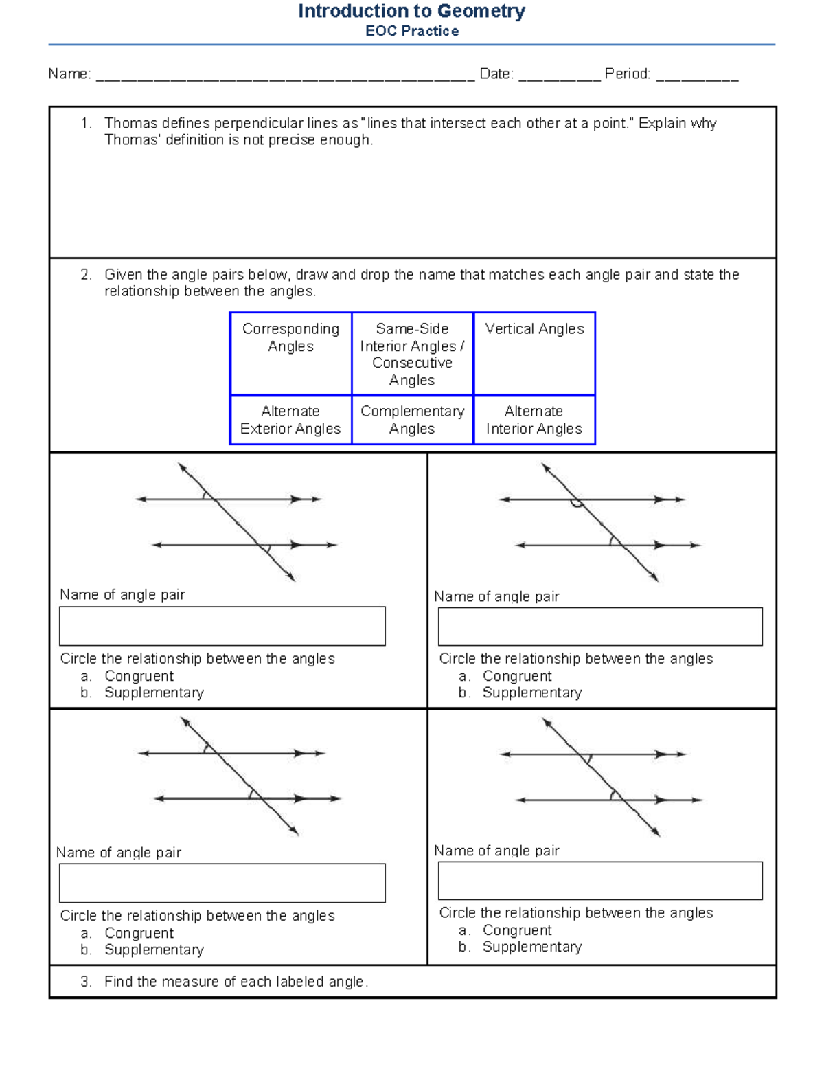 Unit 1 Geometry EOC Practice: Angle Relationships & Proofs - Studocu