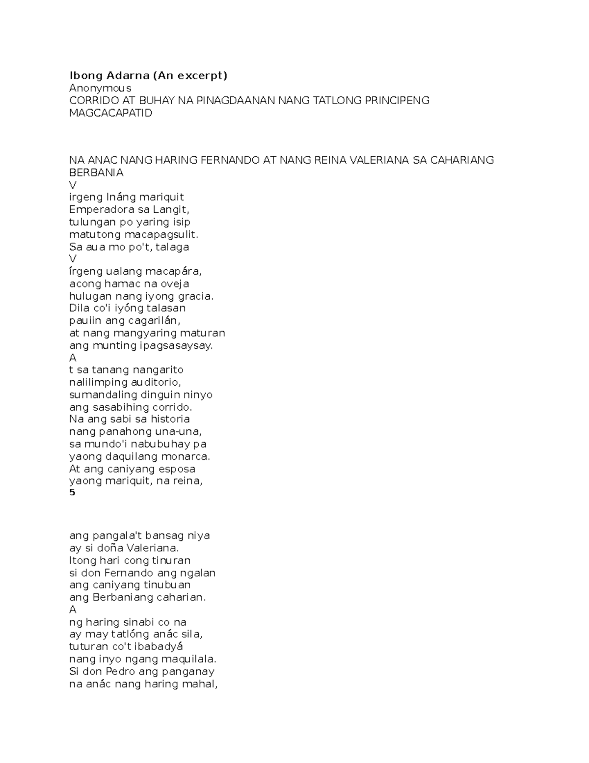 Ibong Adarna - Corrido at ang Buhay ng mga Prinsipe - Studocu