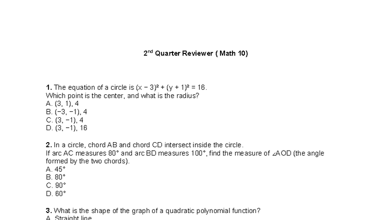 2nd Quarter Math 10 Reviewer: Circle and Polynomial Concepts - Studocu