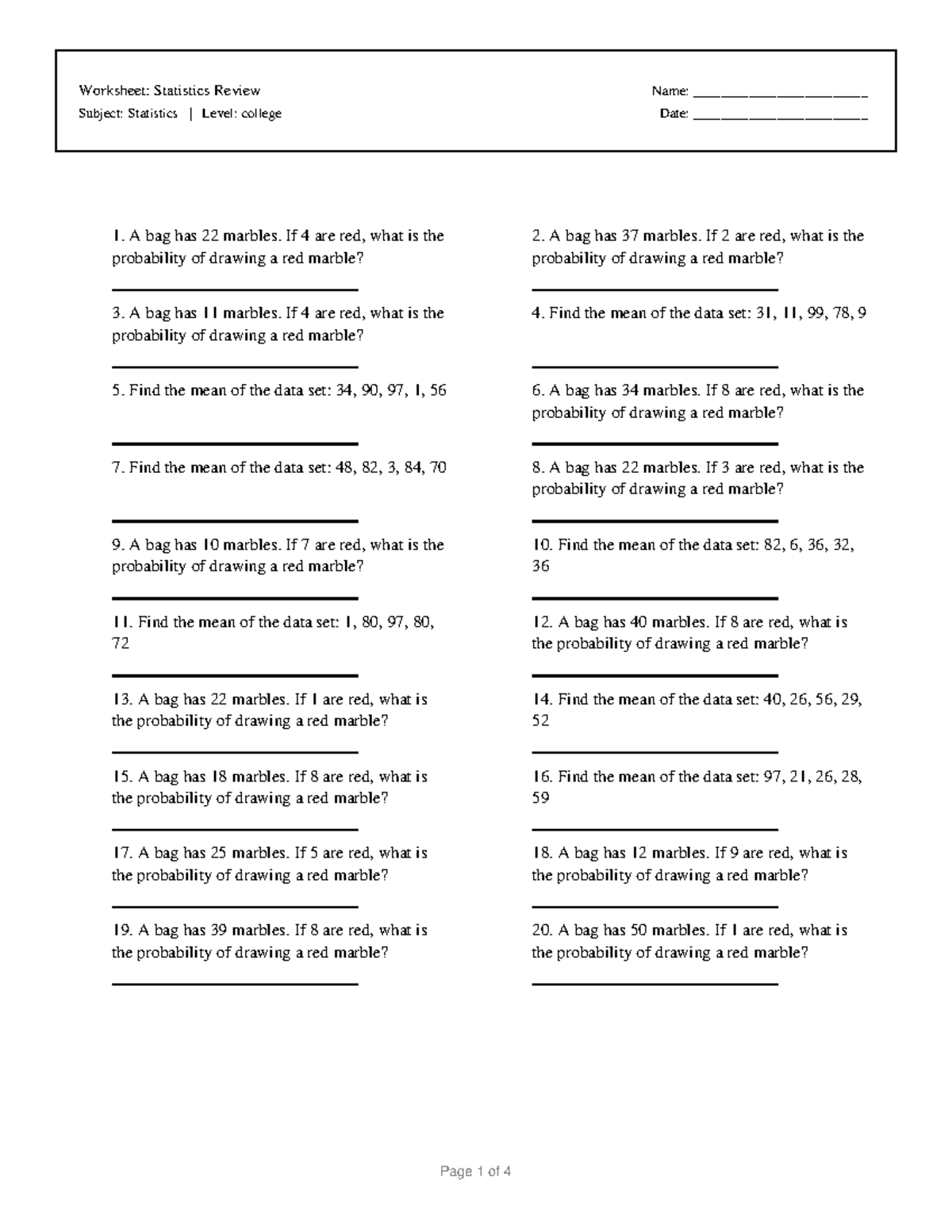 Statistics Review Worksheet: Probability & Mean Calculations - Studocu
