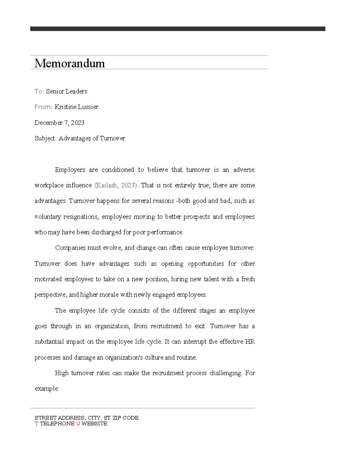 7-1 Assignment: Examining the Advantages of Employee Turnover Memo ...