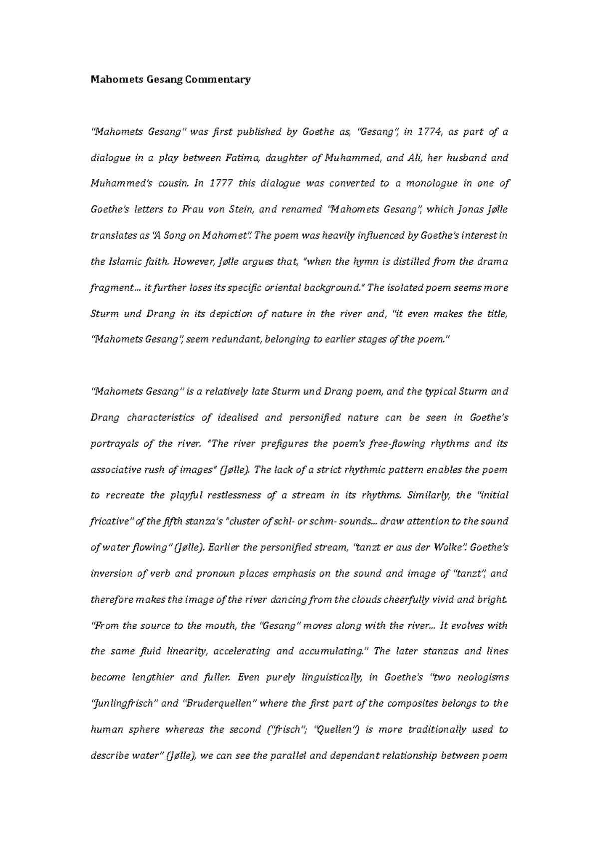 Mahomet's Gesang: A Commentary on Goethe's Poem and Themes - Studocu