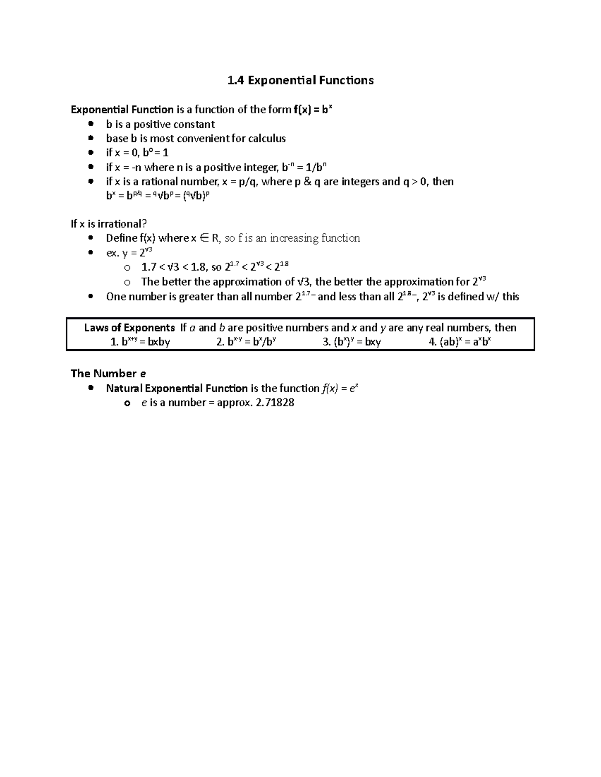 Calculus Textbook Notes - 1 Exponential Functions Exponential Function ...